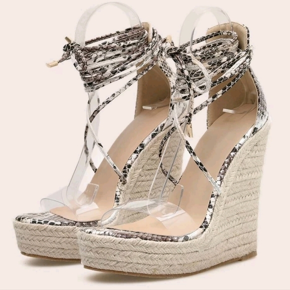 Shoes | String Tie Snake Print Wedge Sandals | Poshmark
